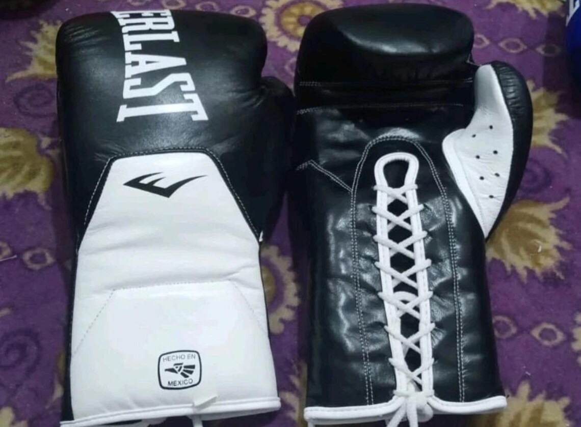 Everlast Elite Boxing Gloves Black Lace up Pro Sparring Gloves 8oz-16oz ...
