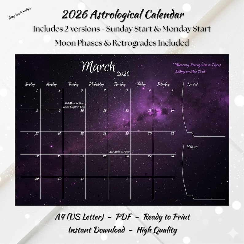 2026 Astrological Calendar | Astrology Monthly Planner | Moon Phases ...