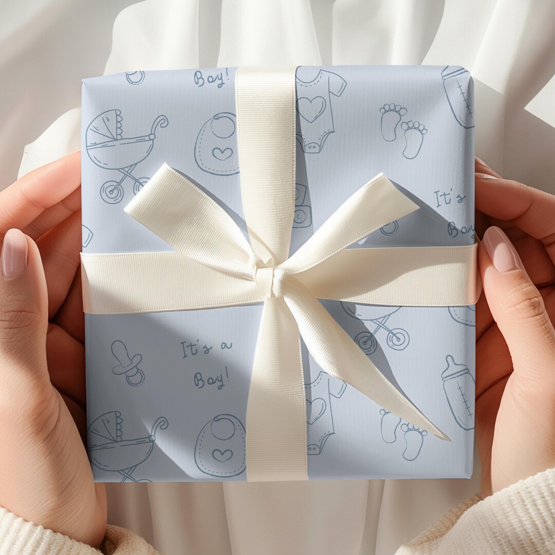 Whimsical Boy Baby Shower Gift Wrapping Paper Minimal Blue Newborn Hand ...