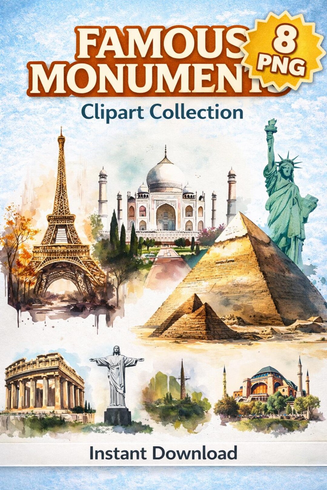 Famous Monuments Clipart: World Landmark Illustration PNG Designs ...