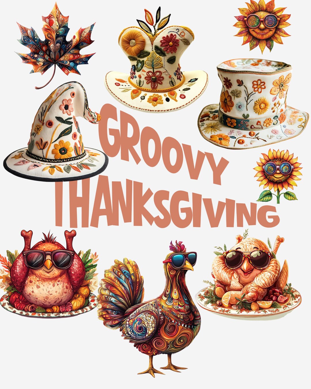 40 Groovy Thanksgiving Clipart | Retro Fall PNG Bundle | 70s ...