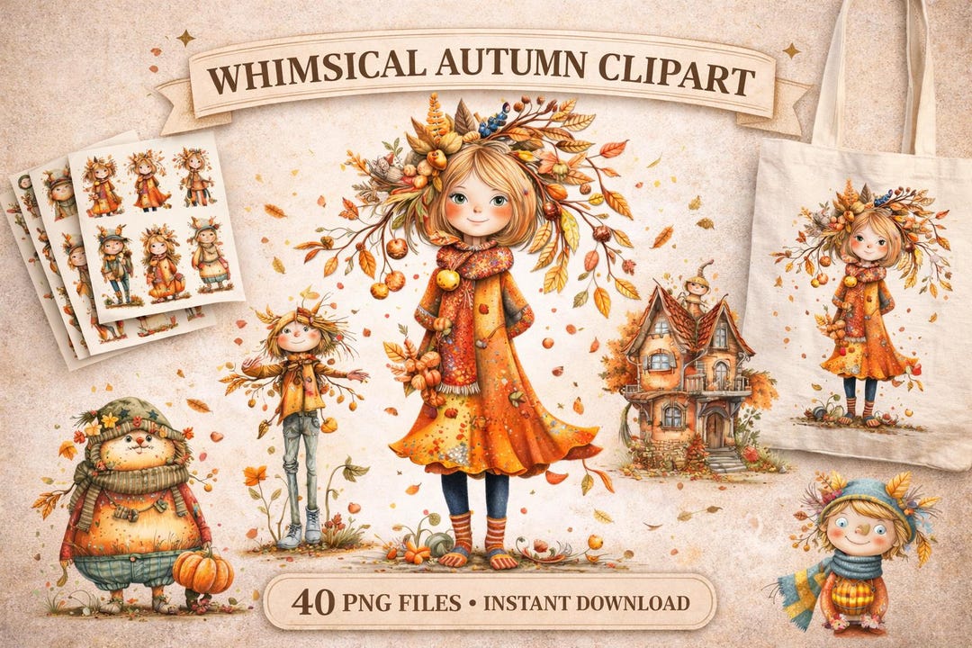 Whimsical Autumn Clipart: Boho Fall Characters and Cottage PNG Set ...