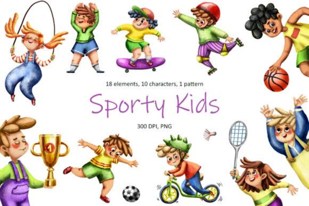 Sporty Kids Clipart Set: Watercolor Children Doing Sports & Fun ...