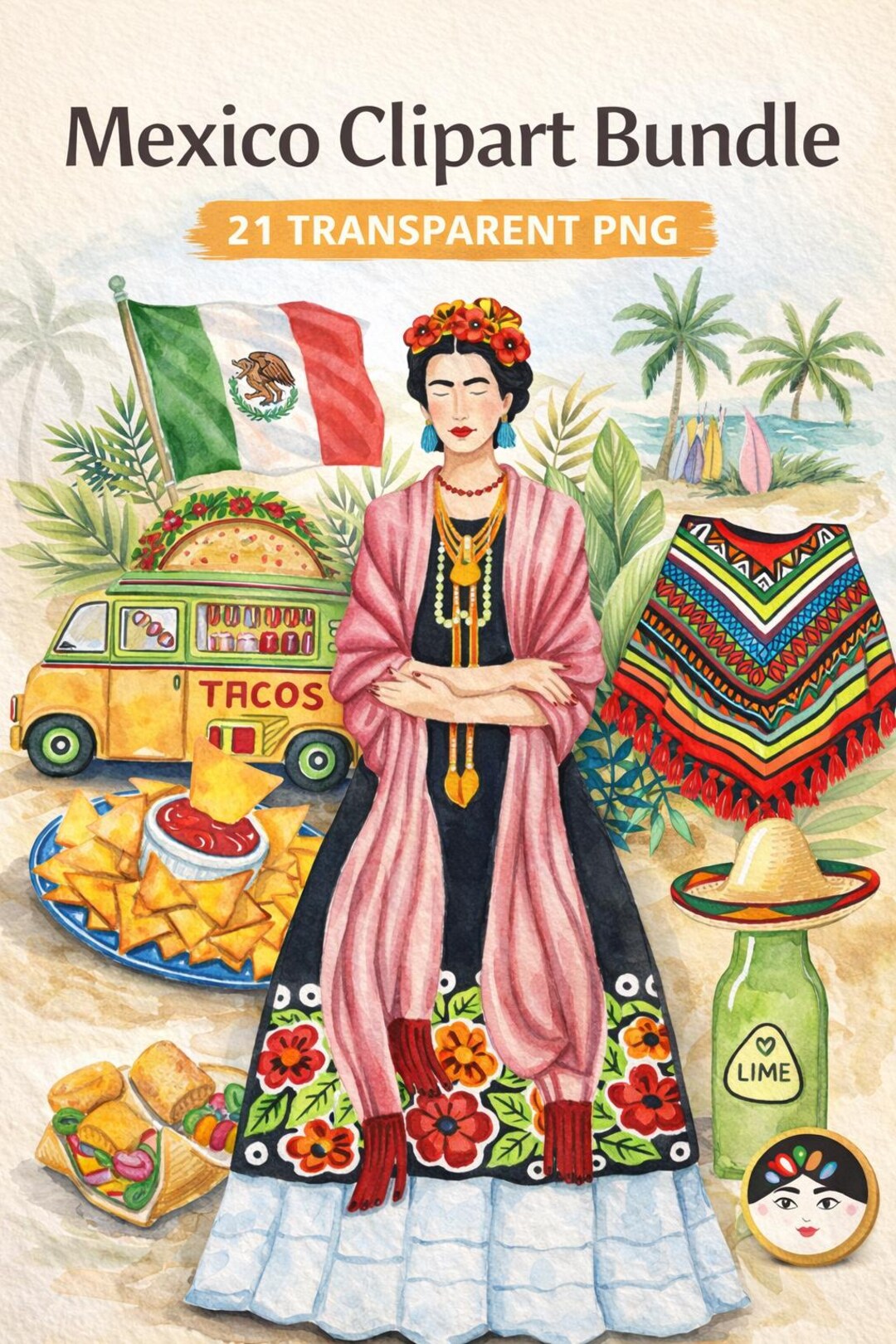 Mexico Clipart Bundle: Watercolor Fiesta Culture Elements PNG Designs ...