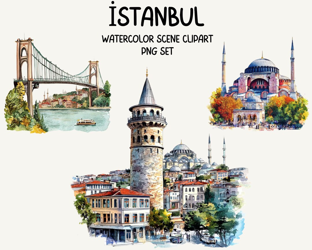Istanbul Watercolor Scene Clipart: Travel City PNG Set (digital ...