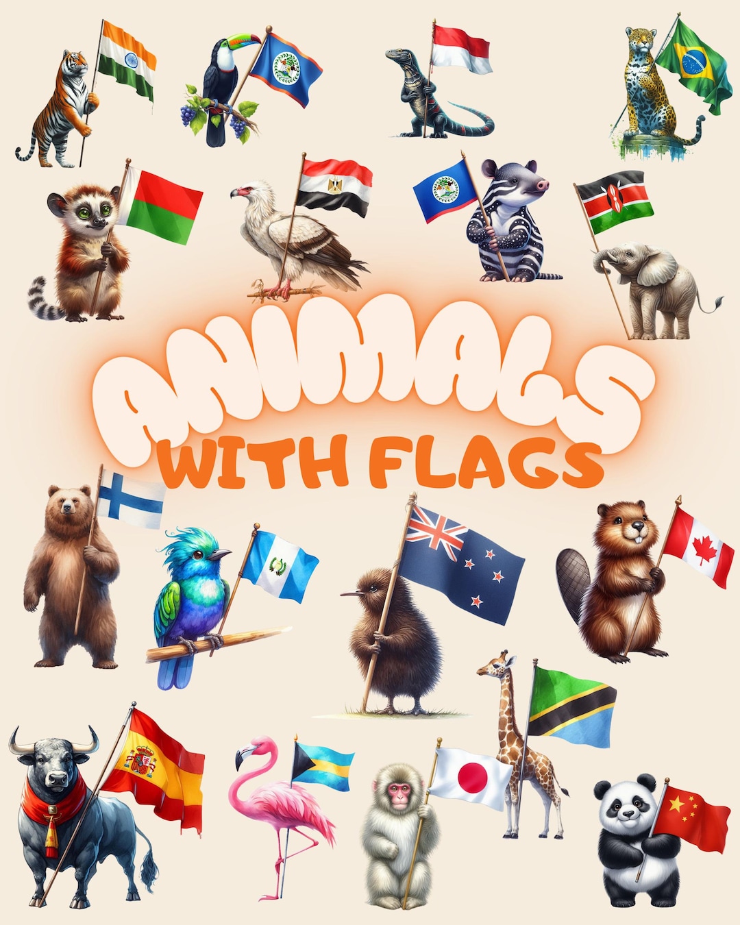 Animals With Flags Clipart Set: World Countries Wildlife & Geography ...