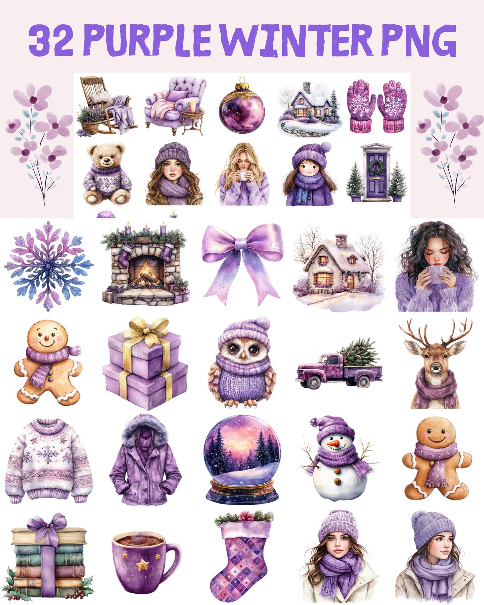 Purple Winter Clipart Bundle: Holiday PNG Graphics (digital Download ...