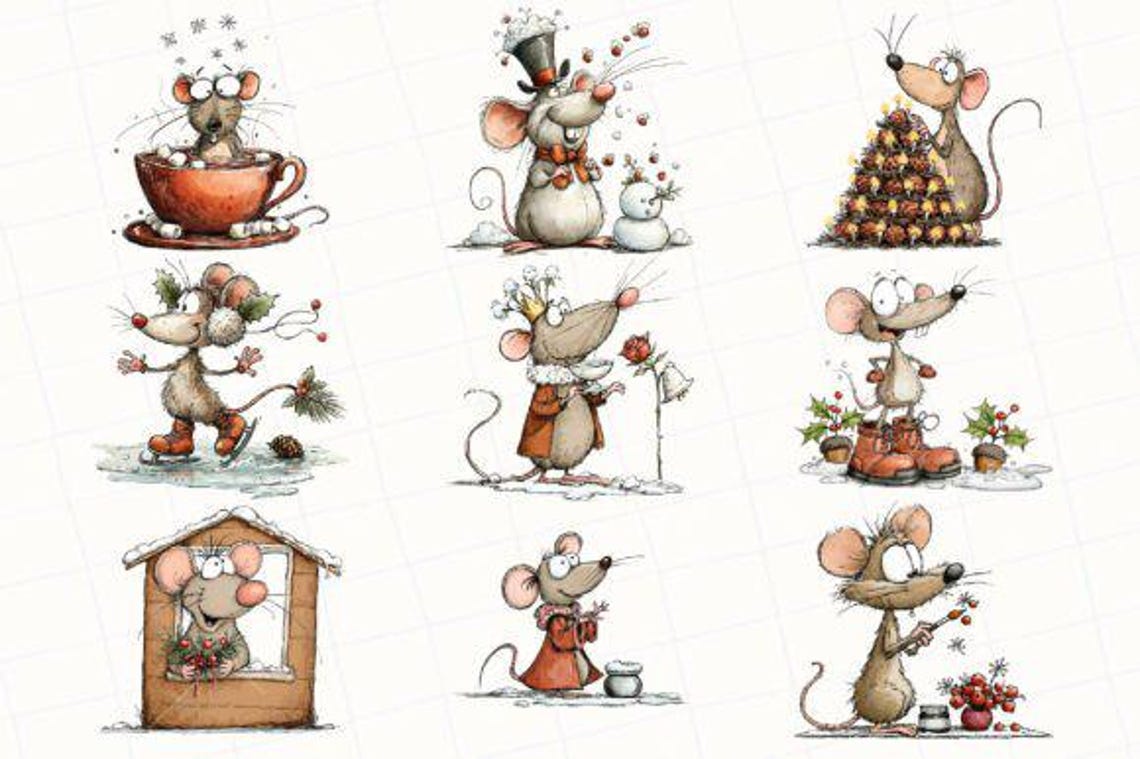 Christmas Mouse Watercolor Clipart: 20 Whimsical Holiday Pngs (digital ...