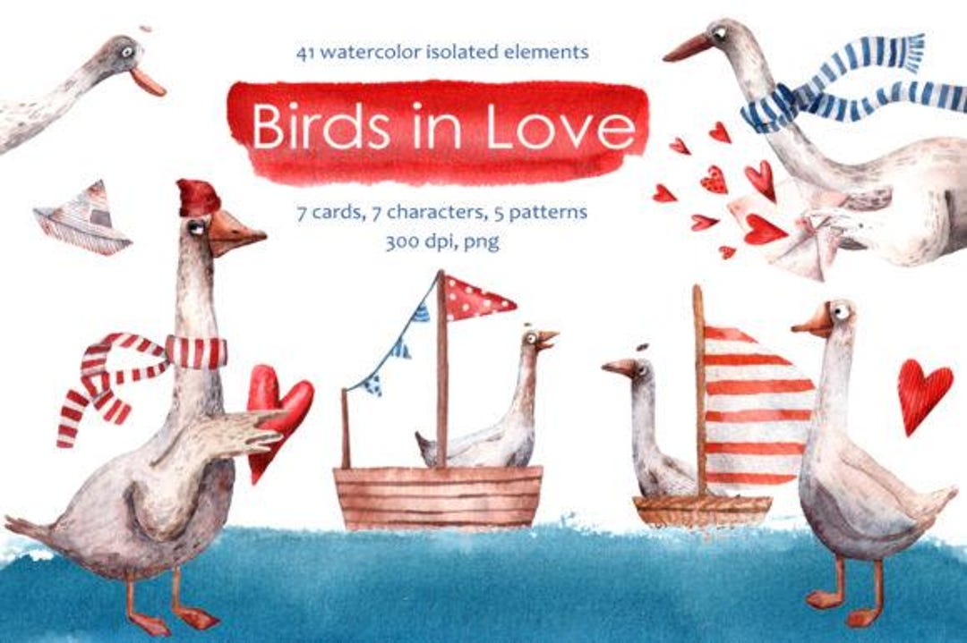 Birds in Love Watercolor Clipart: Romantic Goose Illustrations Set ...