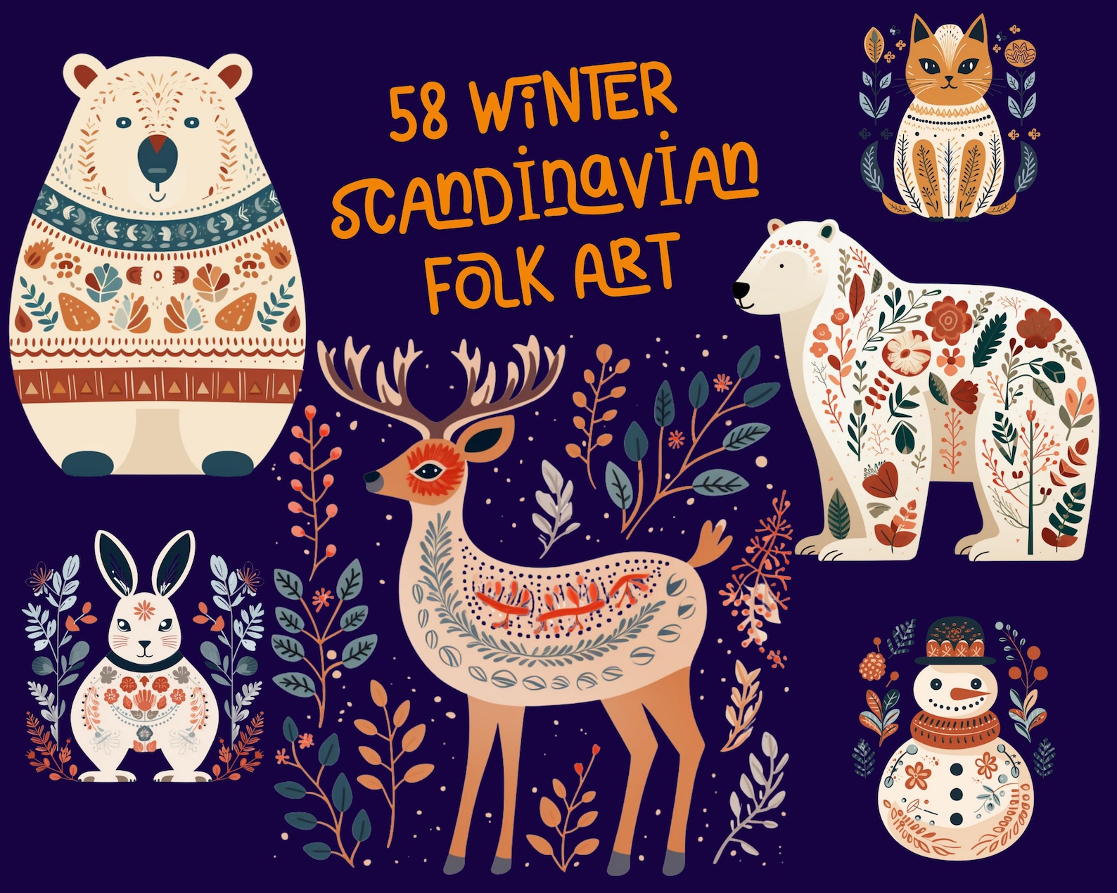 Winter Scandinavian Folk Art Animals Clipart: Nordic Christmas Decor ...