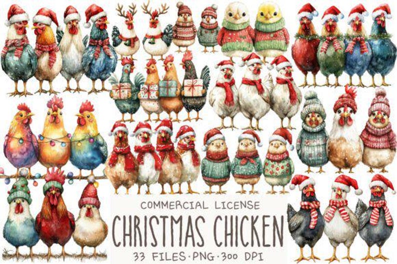 Christmas Chicken Watercolor Clipart: Festive Holiday Chickens and ...