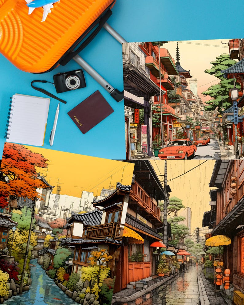 Japanese Street Clipart Set: Rainy Alley & Kyoto Umbrella Illustrations ...