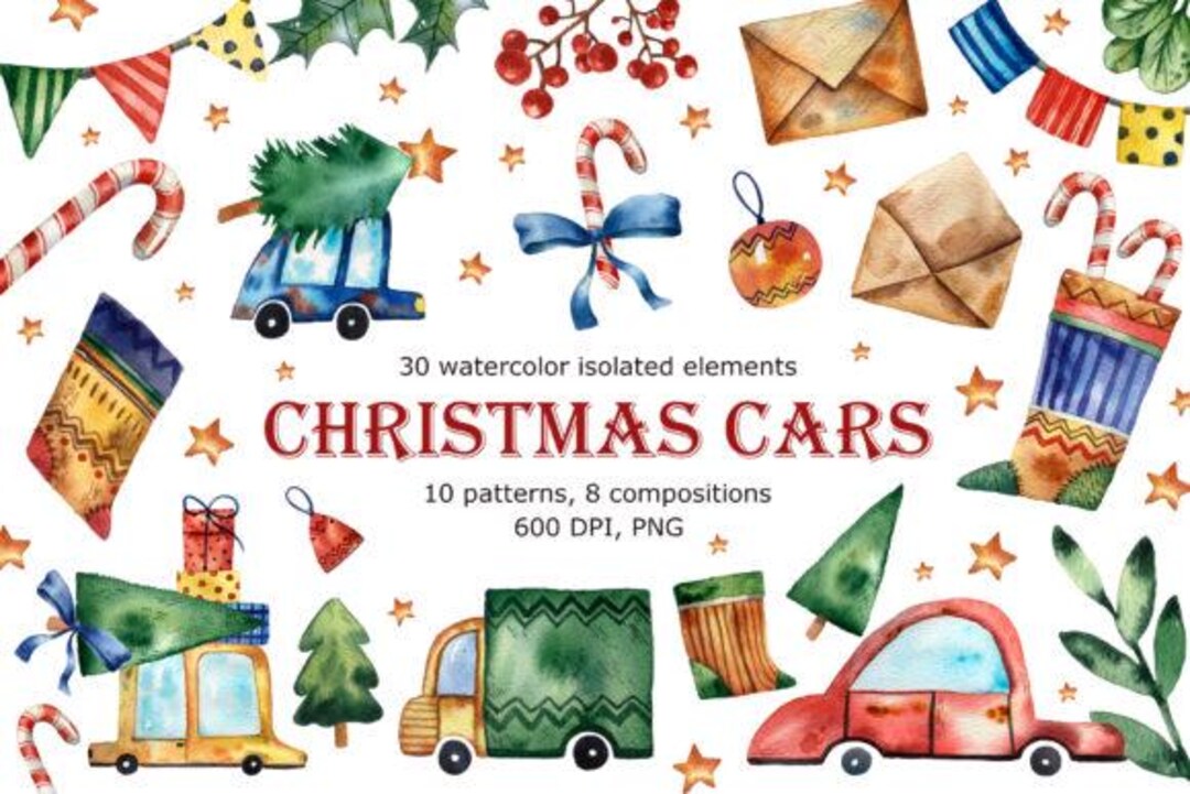 Christmas Cars Watercolor Clipart: Holiday Car PNG Elements, Patterns ...