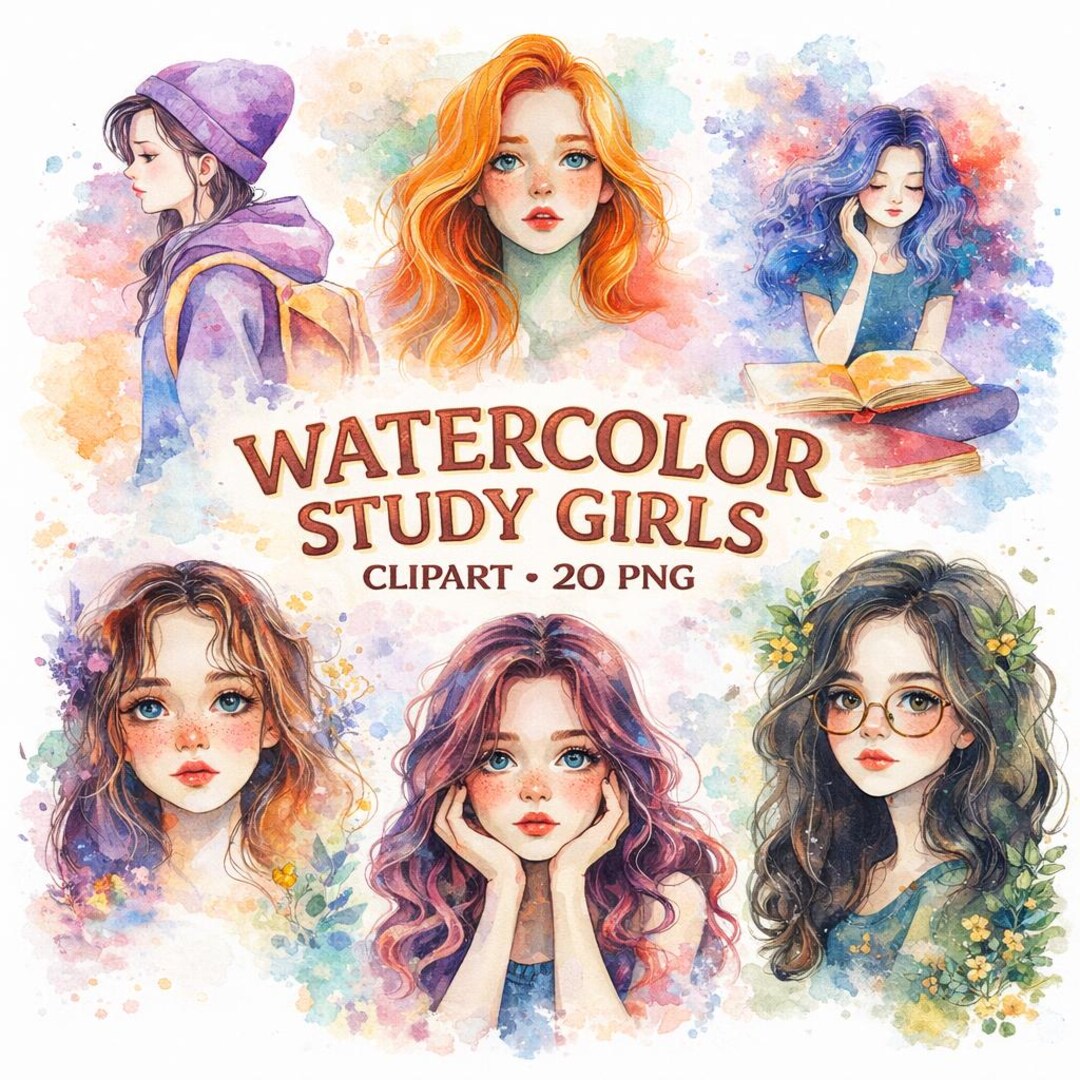 Watercolor Study Girls Clipart: Pastel Student Character Illustrations ...