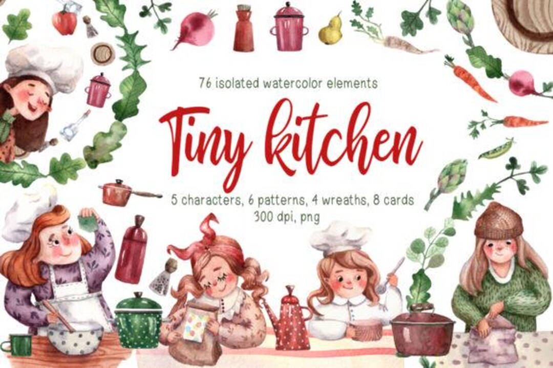 Tiny Kitchen Watercolor Clipart: Cozy Cooking Characters and Rustic ...