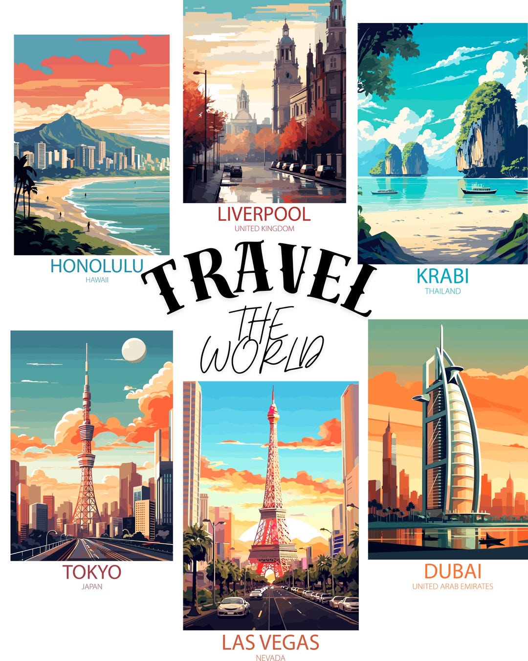 Popular Destinations Clipart Set: 11 Retro Travel Posters & World ...