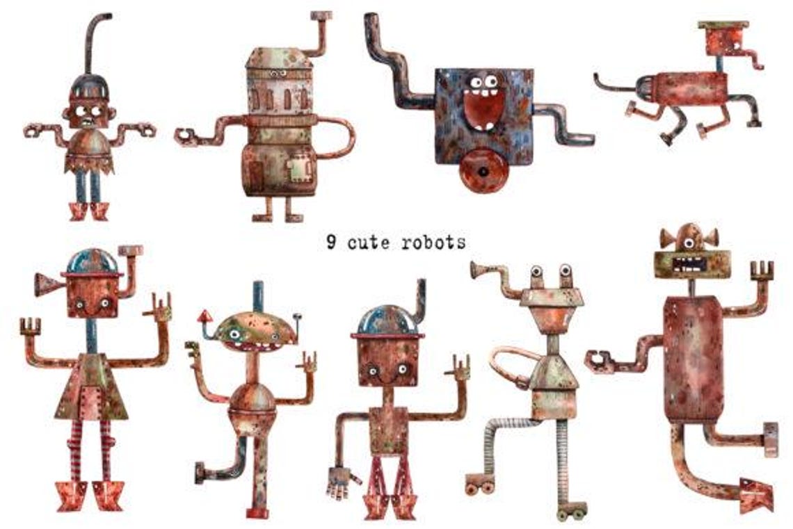 Robot Clipart Set: Watercolor Robots, Cars & Patterns Bundle (digital ...