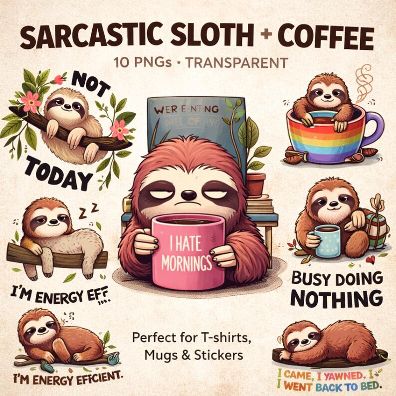 Sarcastic Sloth Coffee Clipart: Funny Lazy Animal Quotes PNG (digital ...