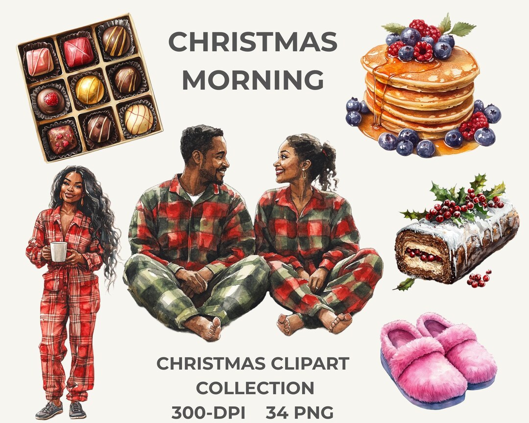 Christmas Morning Clipart: Cozy Family Pajamas, Breakfast PNG Set for ...