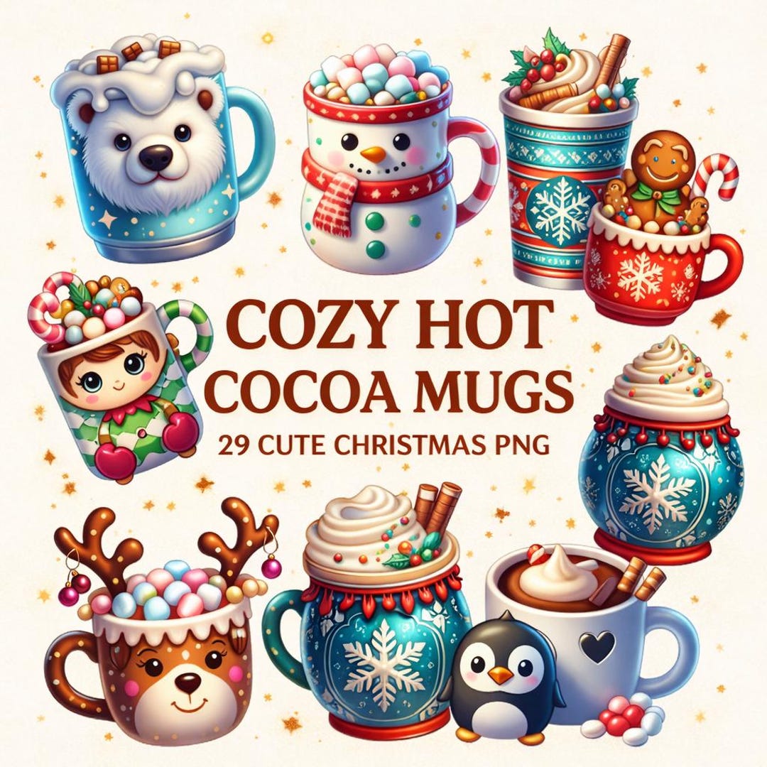 Cozy Hot Cocoa Mug Clipart: Christmas Kawaii Winter Drink Illustrations ...