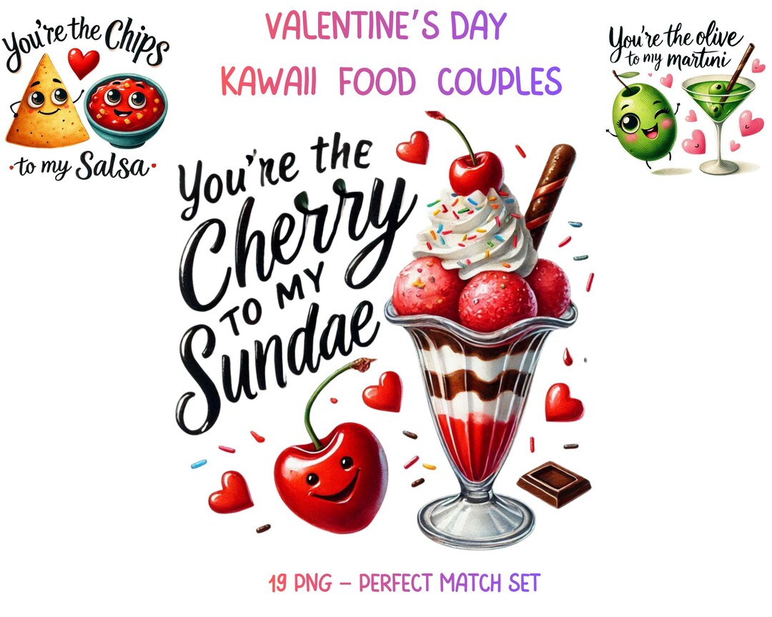 Kawaii Food Couple Clipart: Valentine Pun PNG Set for Crafts Printables ...