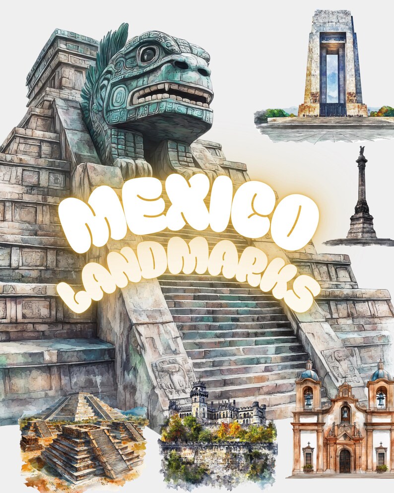 20 Mexico Landmarks Clipart Set | Watercolor Mexican Architecture PNG ...