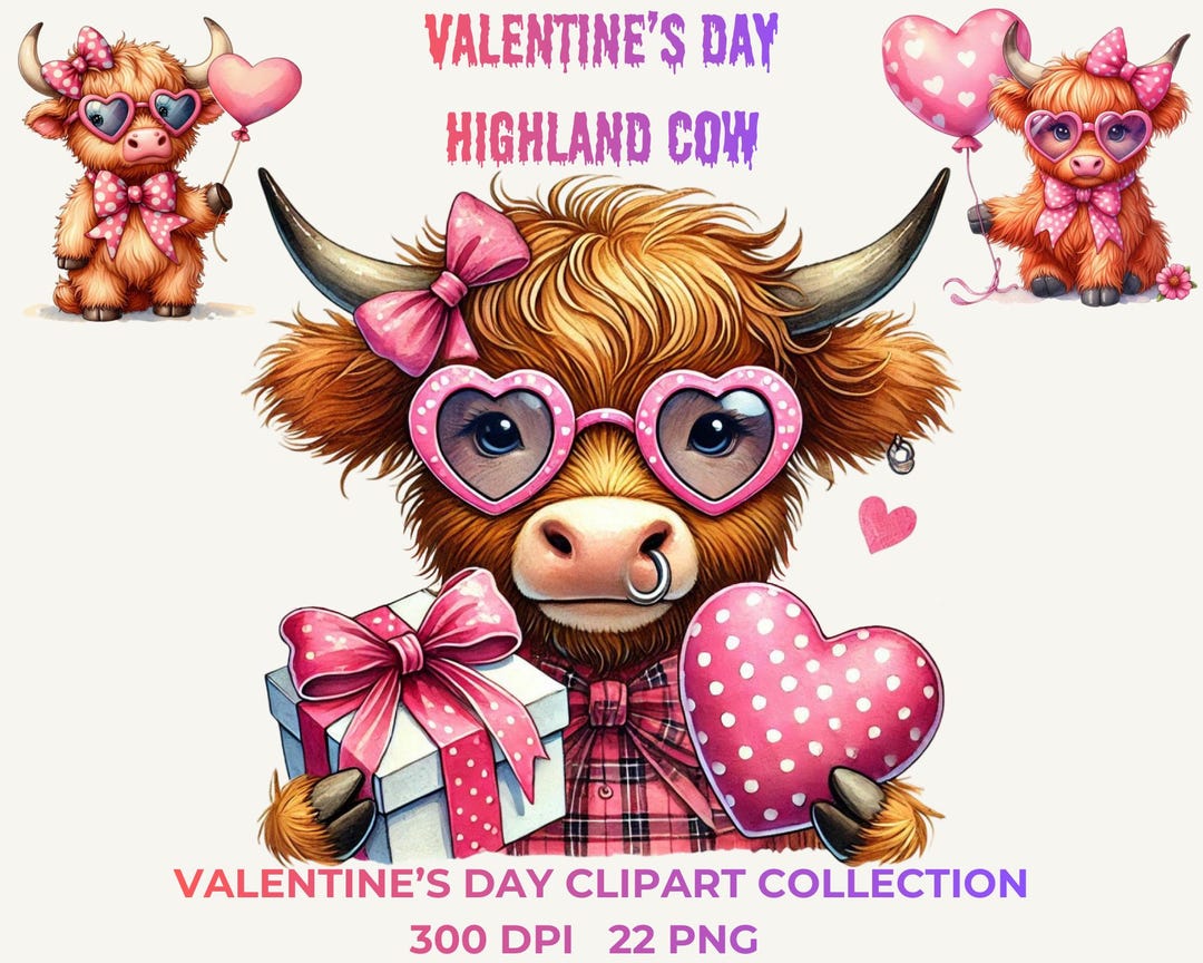 Valentines Day Highland Cow Clipart: Farm Animal Set for Crafts and ...