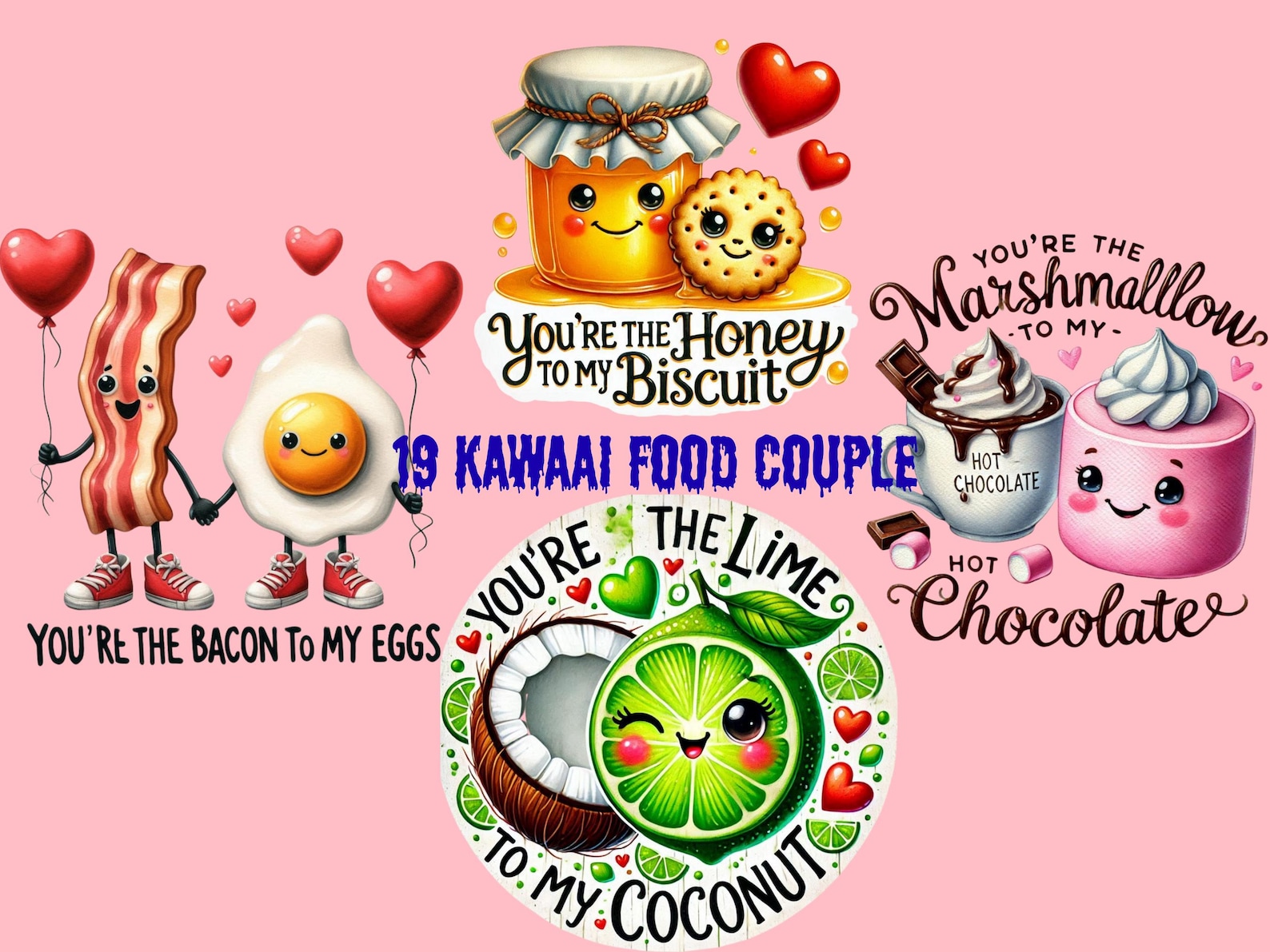 Kawaii Food Couple Clipart: Valentine Pun PNG Set for Crafts Printables ...