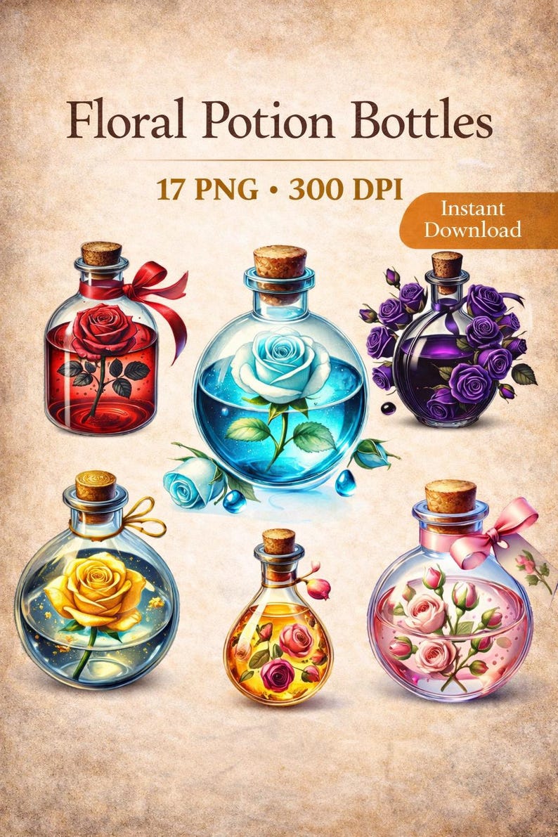 Floral Potion Bottles PNG Clipart: Vintage Crystal Ball Flower Magic ...