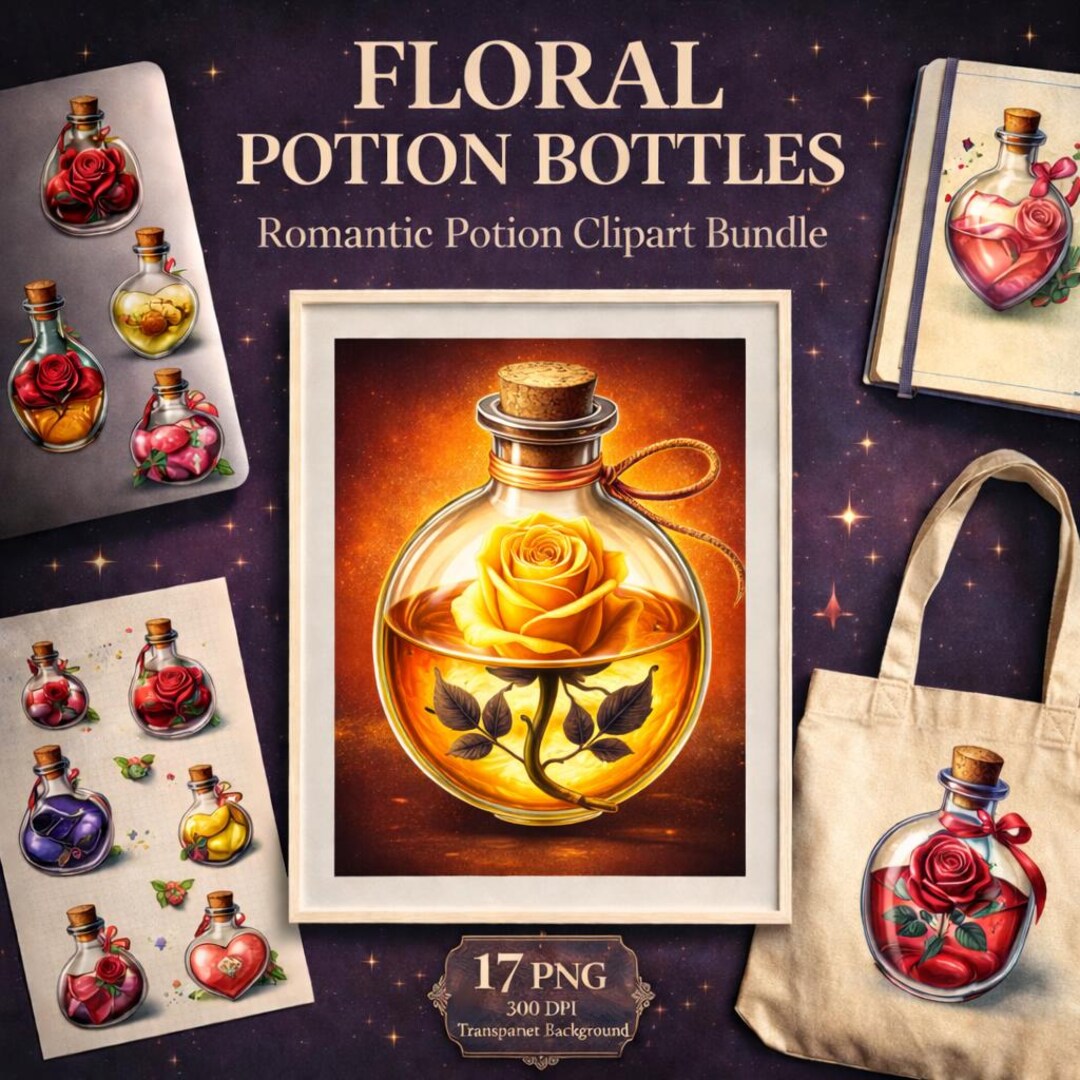 Floral Potion Bottles PNG Clipart: Vintage Crystal Ball Flower Magic ...