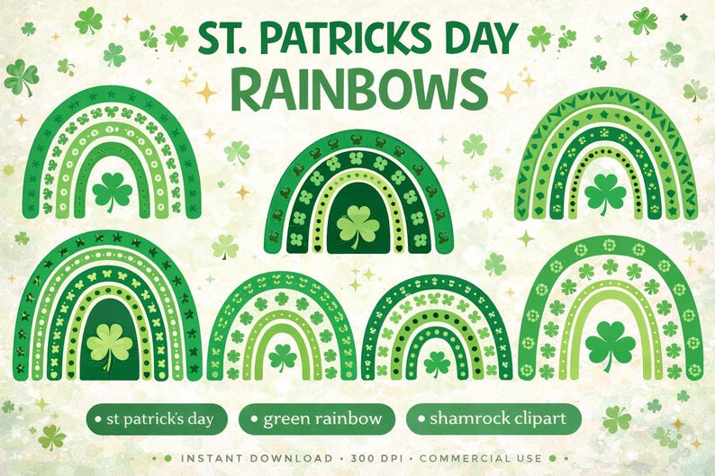 St Patrick’s Day Rainbow Clipart: Shamrock Lucky Arch PNG Set (digital ...