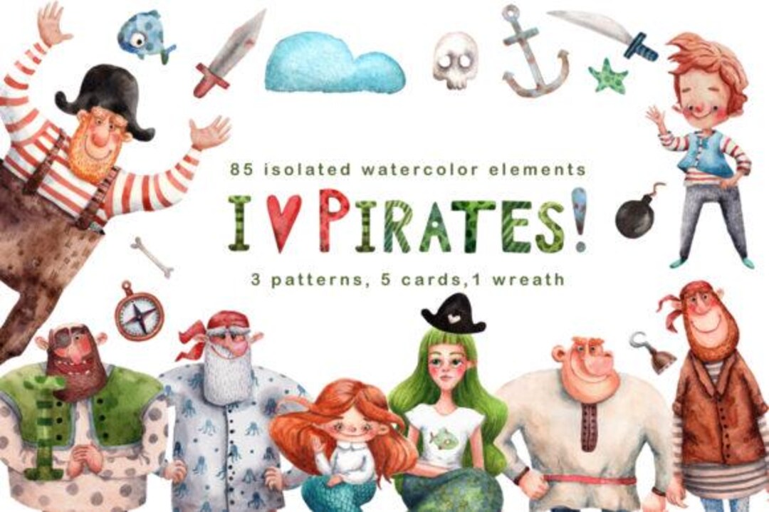 Pirates Watercolor Clipart Set: Nautical Adventure Characters and Sea ...