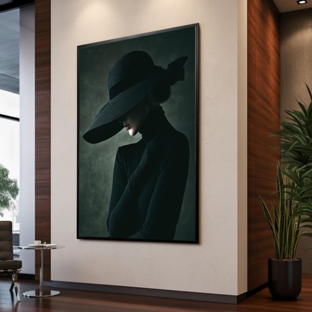 Elegant Woman in Black Wide Brim Hat Canvas, Fashion Portrait Wall Art ...