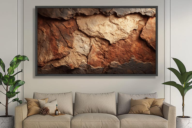 Rustic Earth Tone Stone Wall Canvas, Rock Surface Art, Natural Stone ...