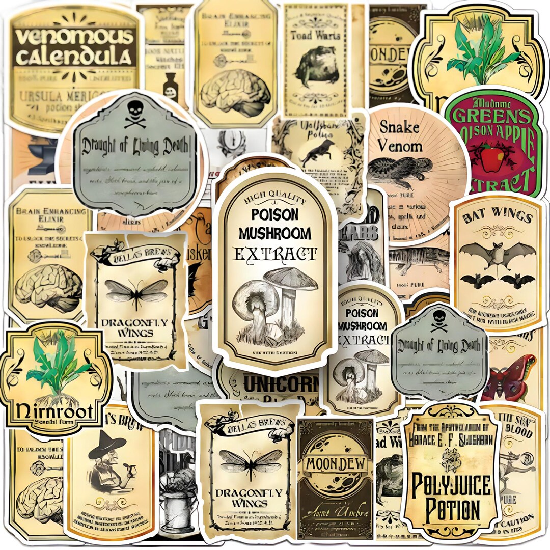 Vintage Halloween Potion Bottle Stickers – 50pcs Spooky Gothic Labels ...