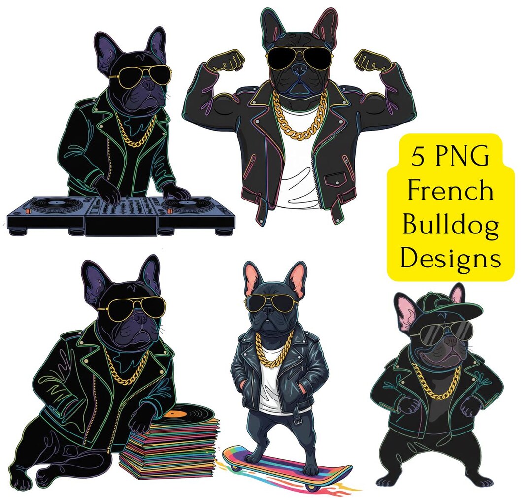 5 Cool French Bulldog PNG Designs | DJ Biker Skater Frenchie Clipart ...