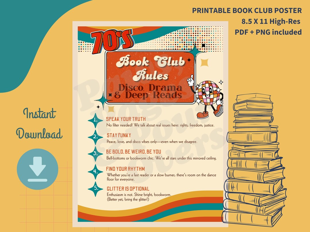 1970s Book Club Rules Poster, Retro 70s Printable Wall Art, Vintage ...