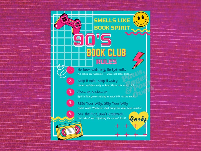 Retro 1990s Book Club Rules Poster, Retro 90s Printable Wall Art ...