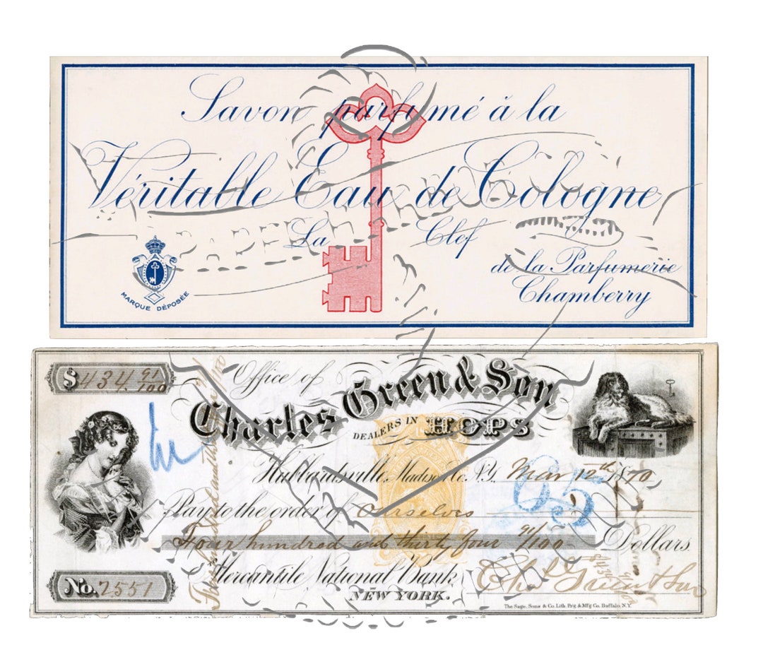 Vintage Antique Bank Check Certificate Perfume Receipts Set of 2 PNG ...
