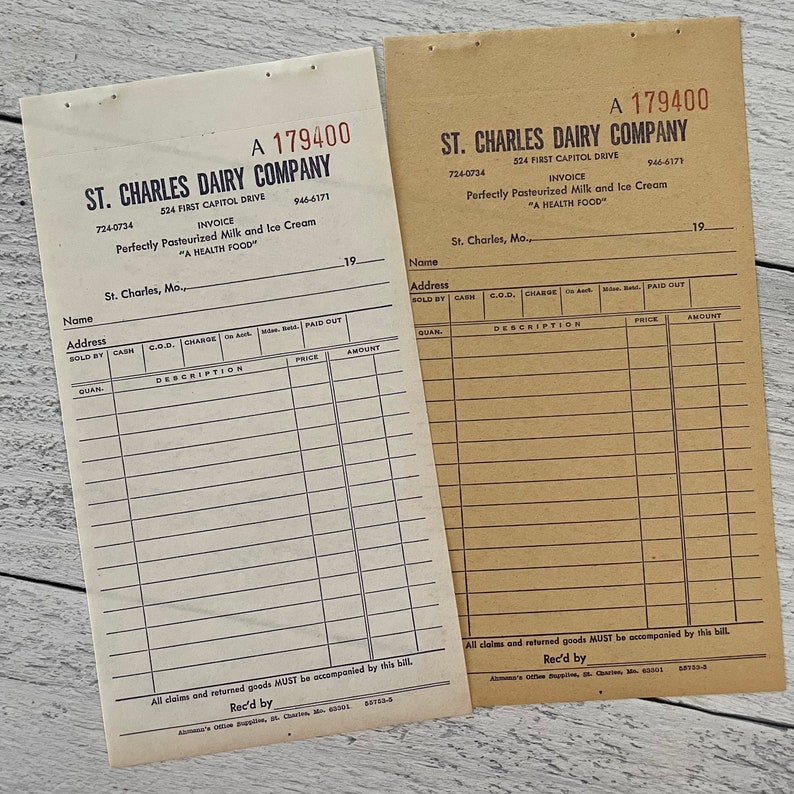 Vintage St. Charles Dairy Company Receipt Duplicates Set of 2 ...