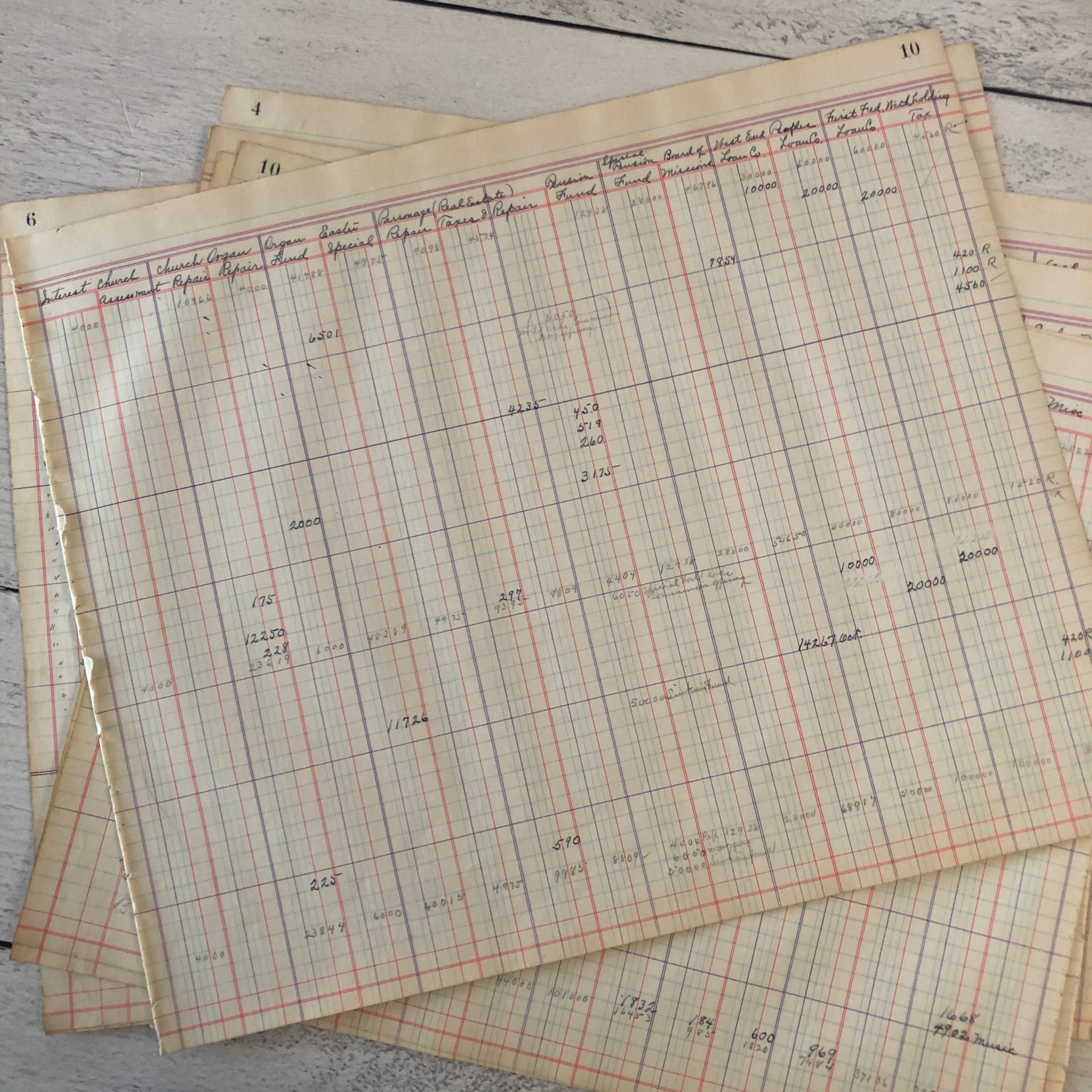 1960s Huge Church Ledger Accounting Sheets Single Sheet, Make Your Own ...