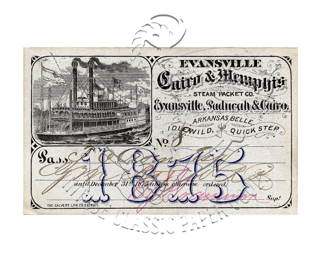 Antique 1875 Evansville Steamship Pass Ticket Card PNG Digital Image ...