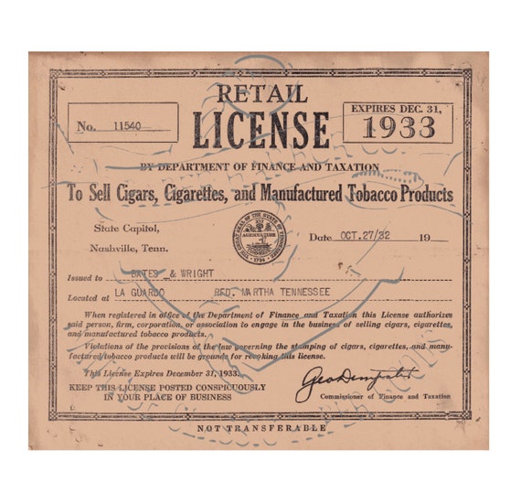 Antique 1933 Retail Tobacco Cigar Cigarettes License PNG - Etsy
