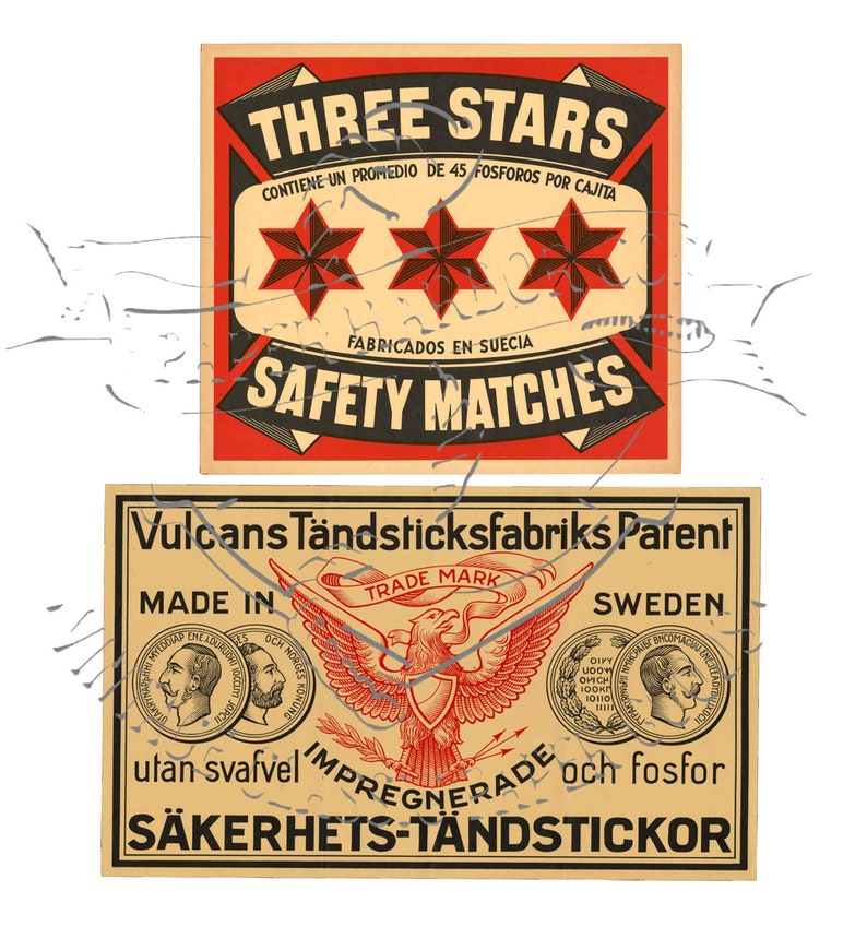 Antique Three Stars & Sakerhets Matchbox Safety Matches Advertising ...