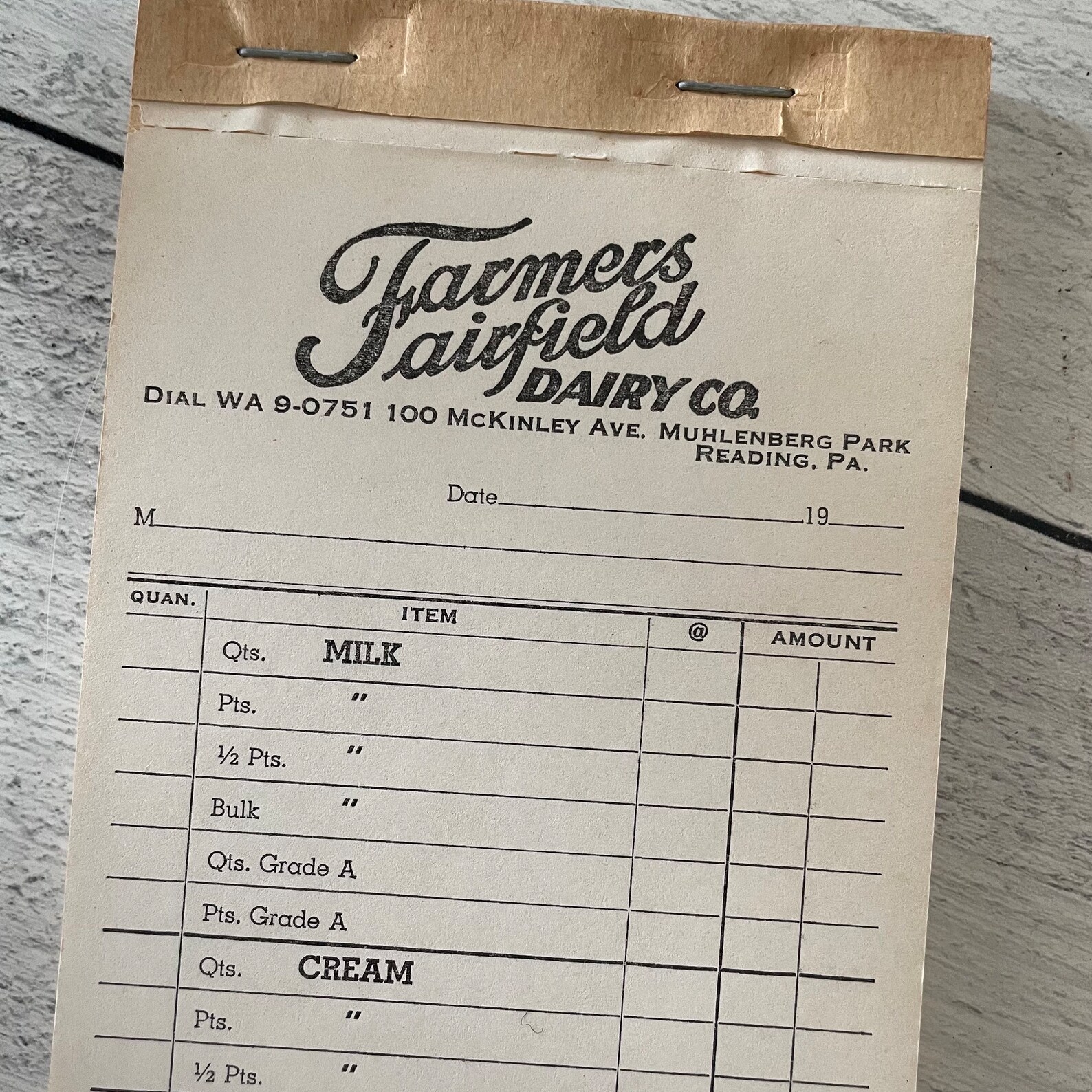 Vintage Farmers Fairfield Dairy Co of Reading, PA Full Receipt Pad - Etsy
