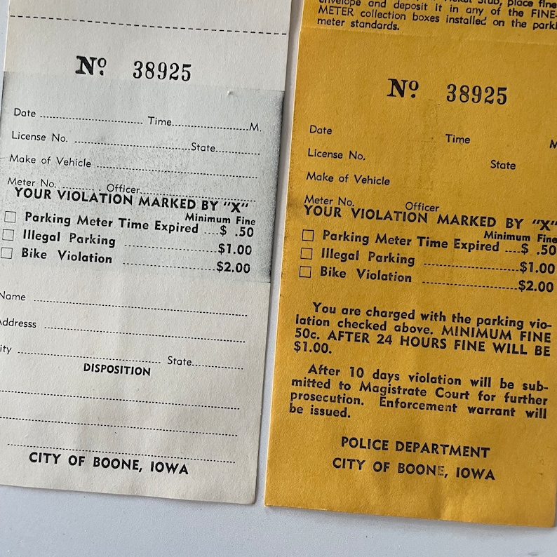 Vintage Police Boone, Iowa Parking Violation Single Ticket and Envelope ...