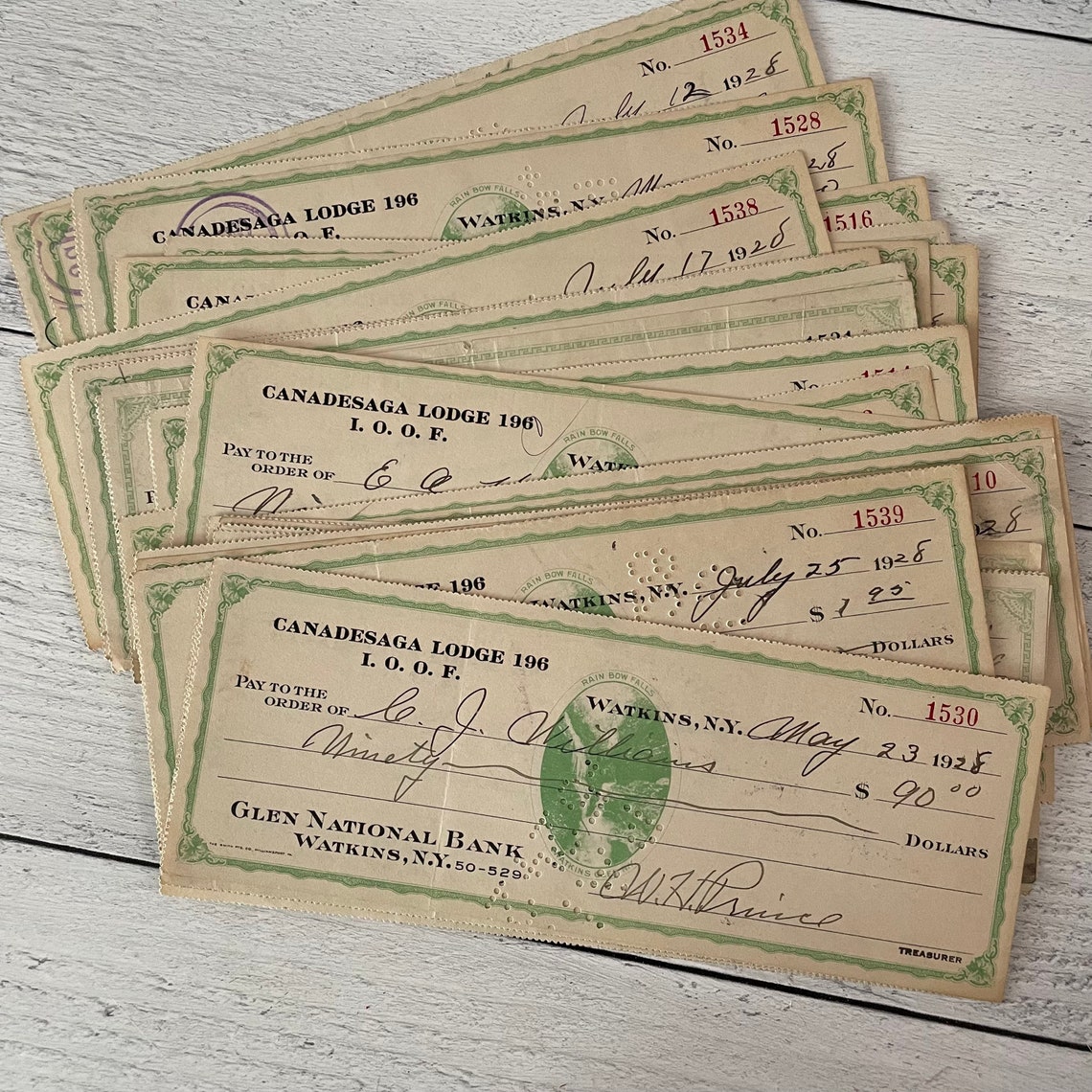 Beautiful 1928 Checks From Canadesaga Lodge No.196 Issued by Glen ...