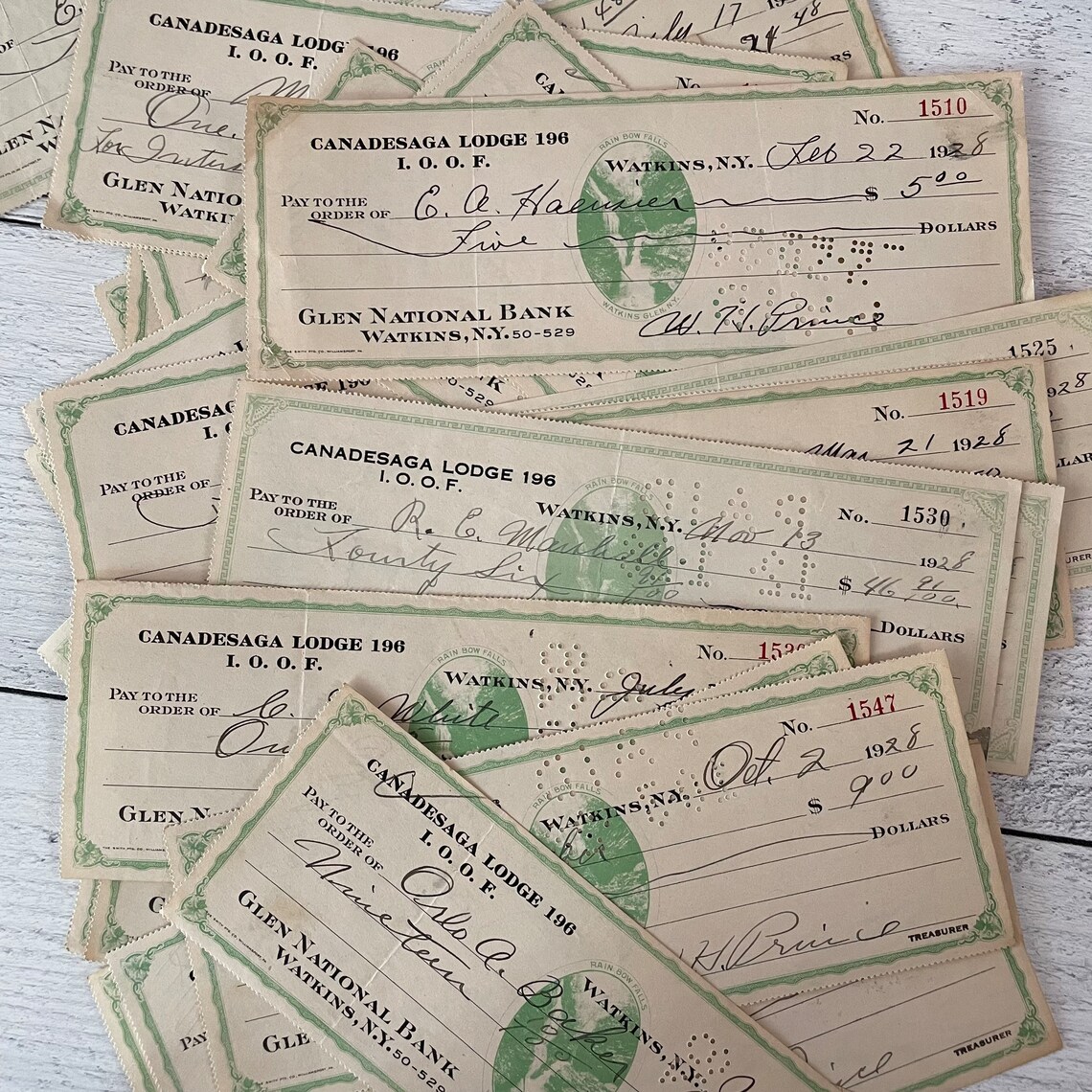 Beautiful 1928 Checks From Canadesaga Lodge No.196 Issued by Glen ...