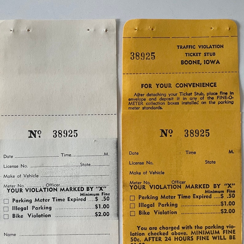 Vintage Police Boone, Iowa Parking Violation Single Ticket and Envelope ...