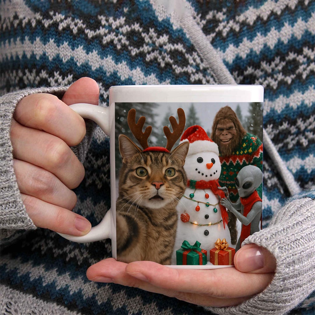 Funny Cat Bigfoot Alien Christmas Mug – Holiday Selfie Coffee Cup - Etsy